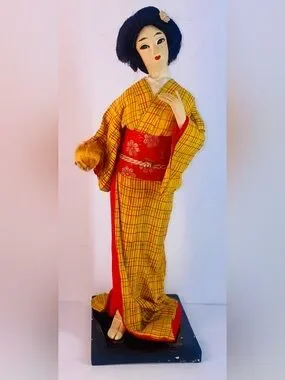 Art | Vintage 196s Japanese Geisha Doll Yellow Plaid Kimono Red Obi ...